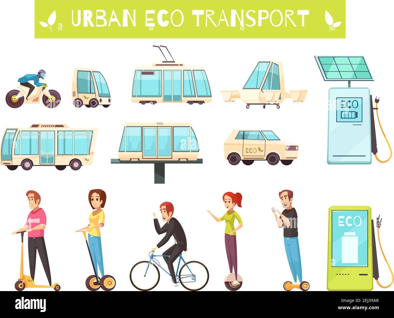 Cartoon set of various kinds of urban eco transport and people using it ...