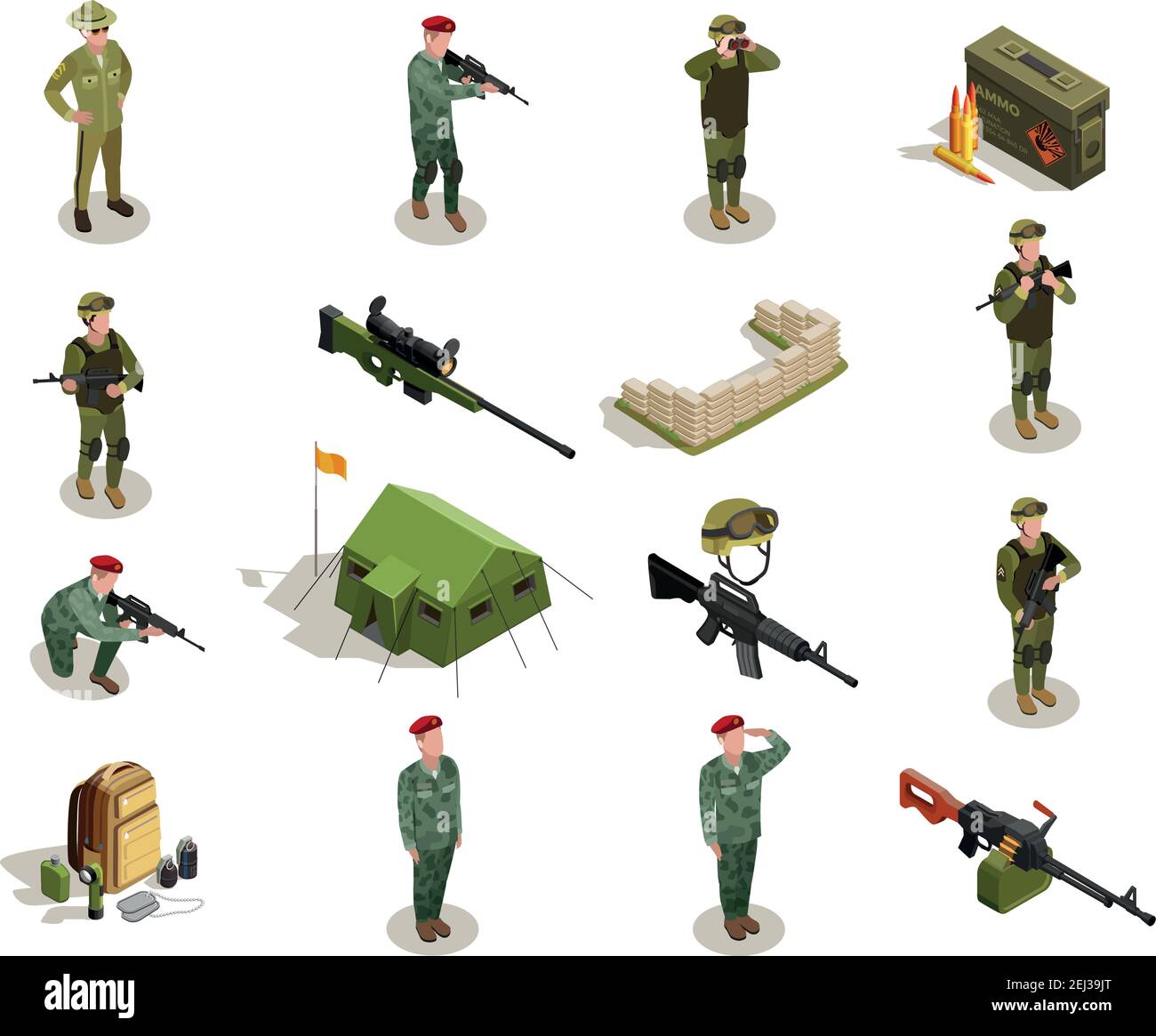 Army personnel military kit personal belongings ammunition weapon ...