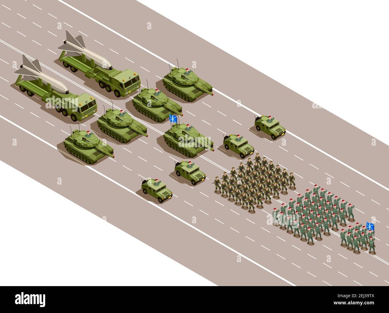 Military parade isometric composition with regiments and army technique blocks of armored ...
