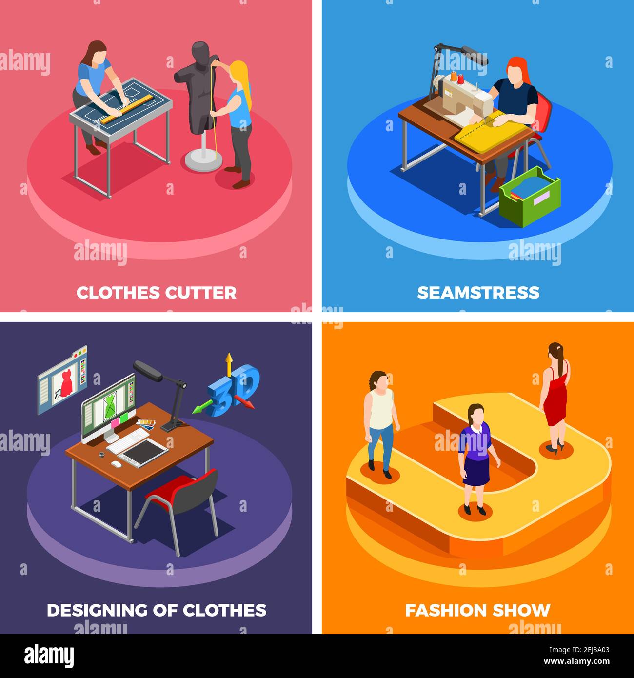 Fashion clothing manufacturing concept 4 isometric icons square with ...