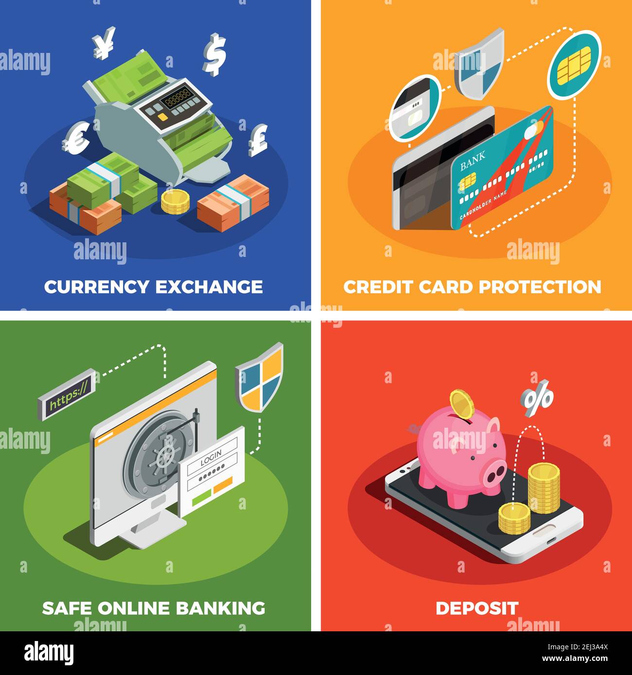 Safe online banking 4 isometric icons square with deposit credit card ...