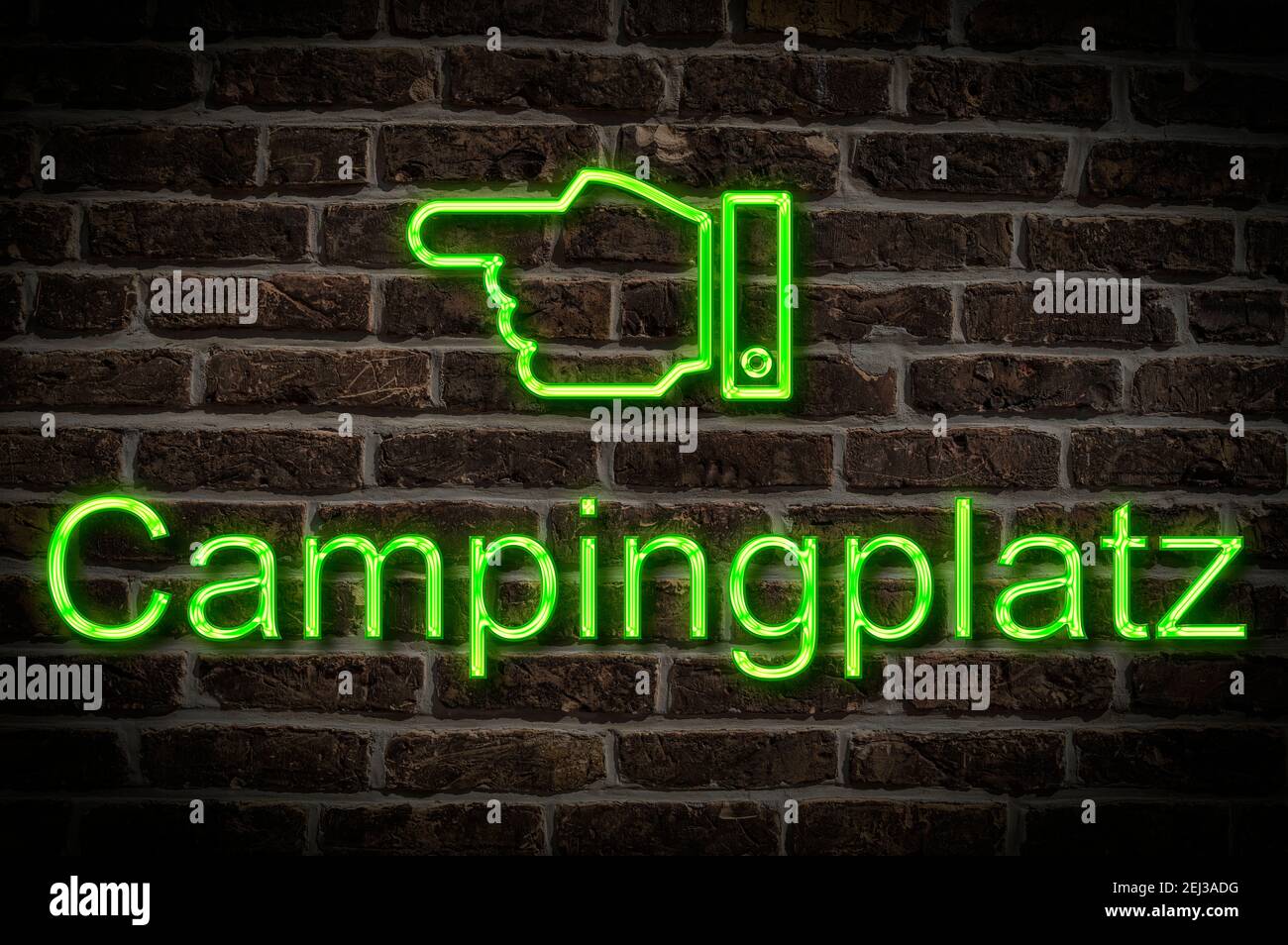 Detail photo of a neon sign on a wall with the inscription Campingplatz ...