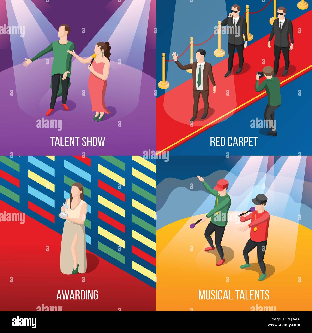 Talents and awards isometric concept with musical show program, young ...