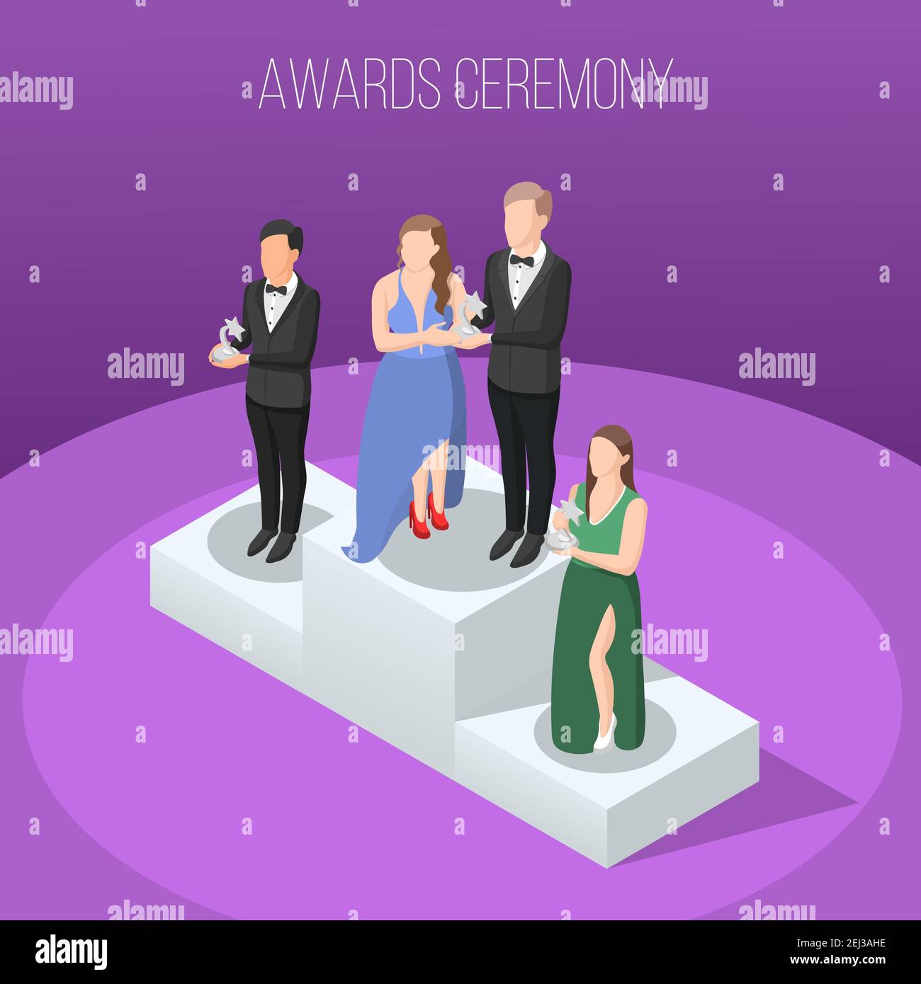 Awards ceremony isometric composition with young stars on pedestal with ...