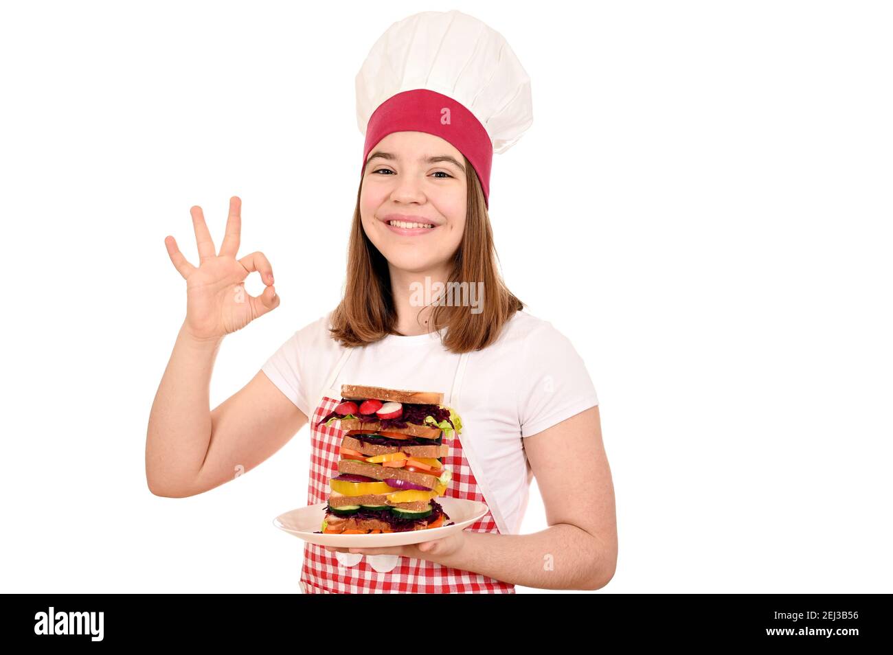 female cook with veggie sandwich and ok hand sign Stock Photo - Alamy