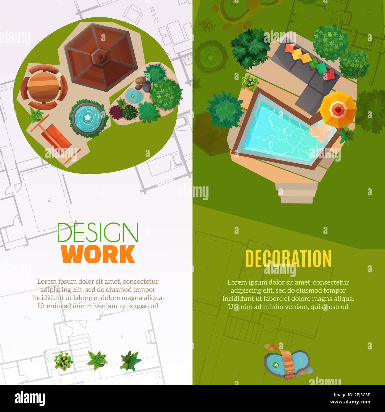 Set of vertical banners top view with design work and landscape ...