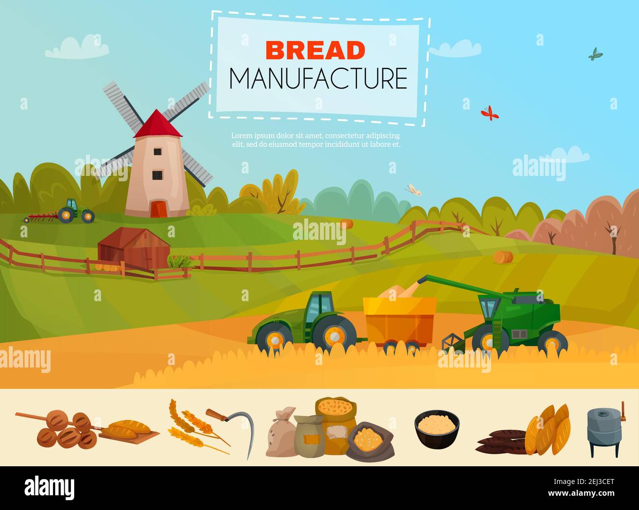 Bread manufacture poster with cereal harvesting on natural landscape ...