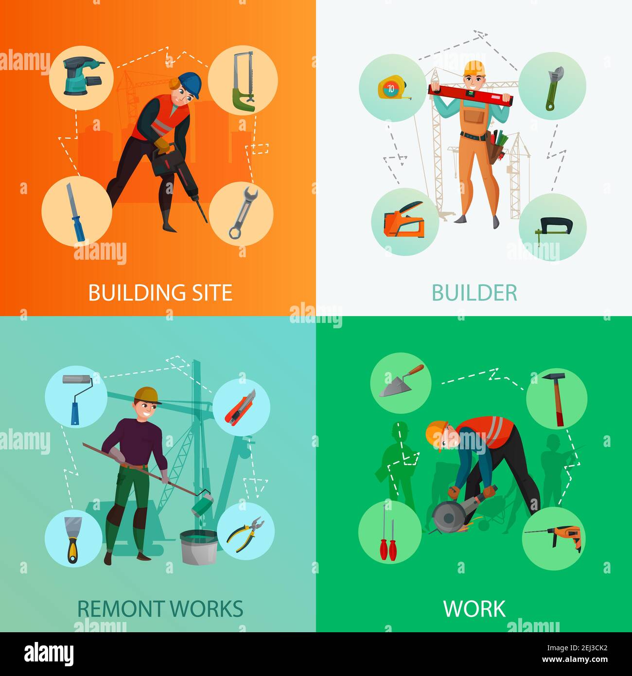 Builders design concept including construction site, repair works with ...