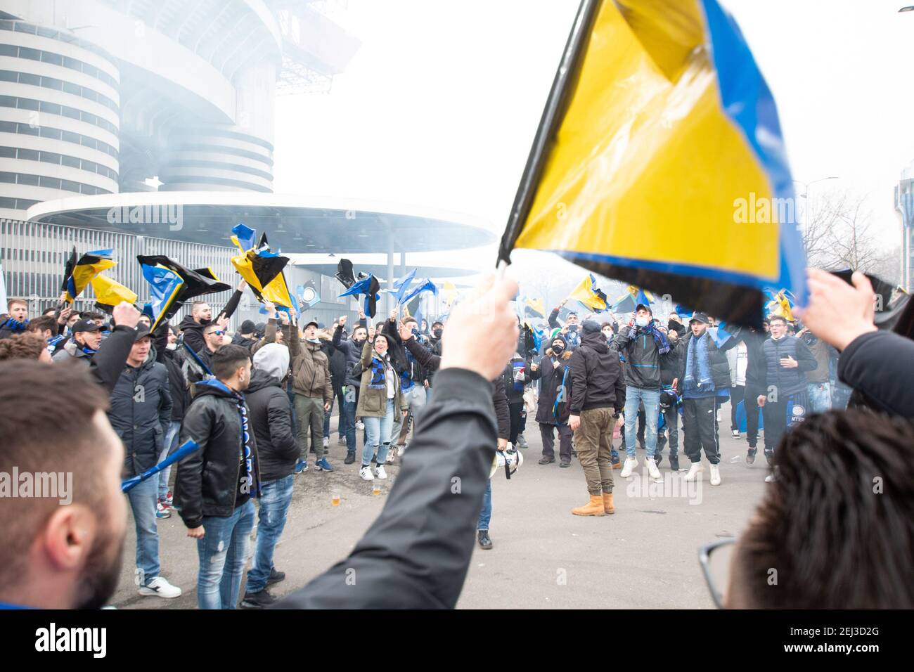 Milan, Italy. 21st Feb, 2021. INTER fans gather under the NORTH curve ...