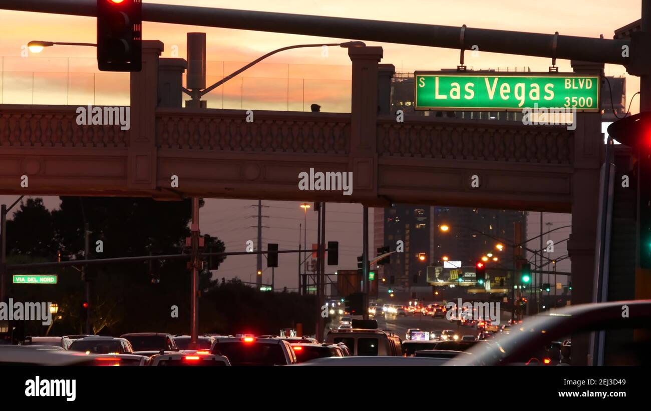 LAS VEGAS, NEVADA USA - 13 DEC 2019: Traffic sign glowing on The Strip ...