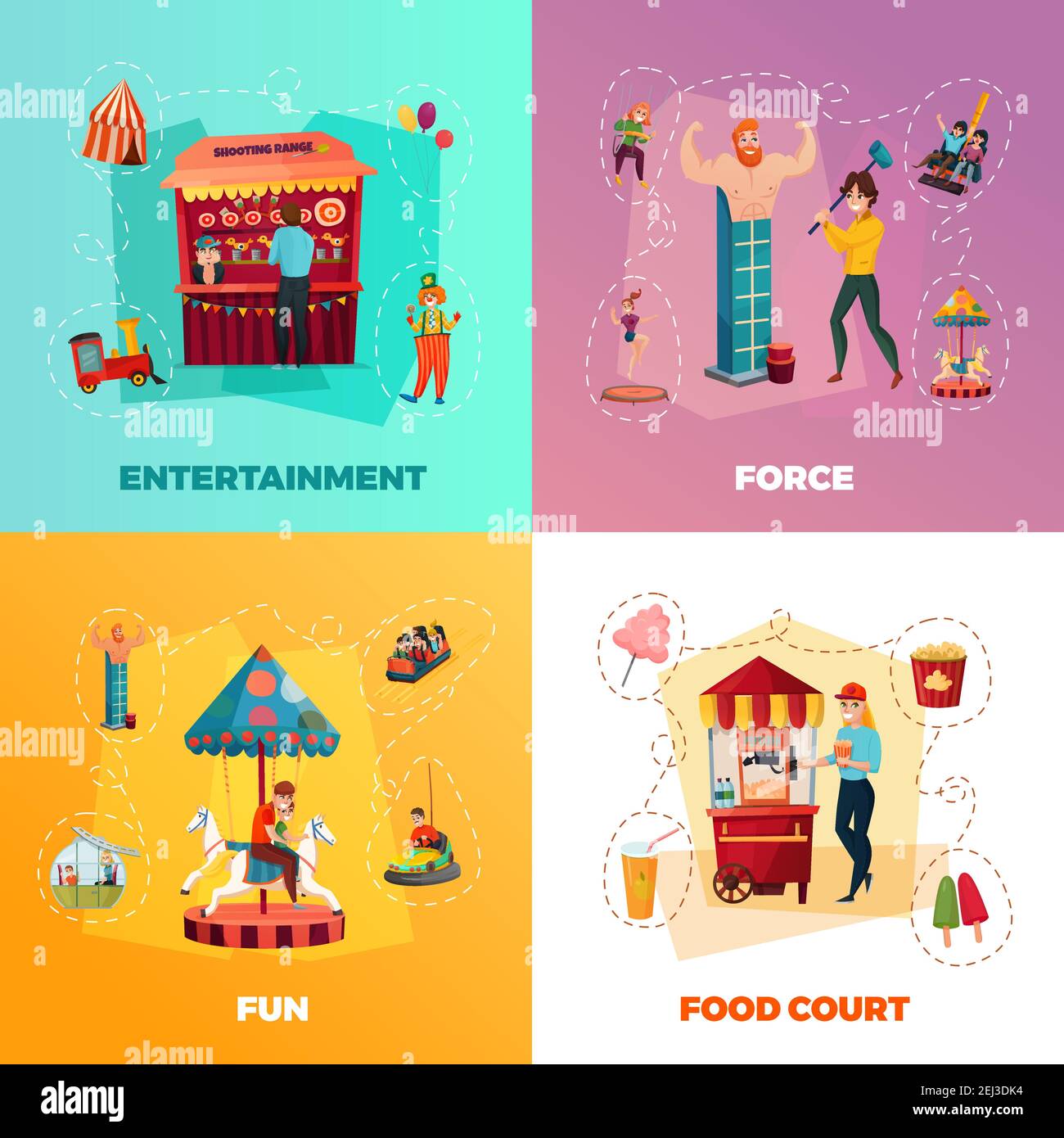People in amusement park 2x2 design concept with entertainment force ...