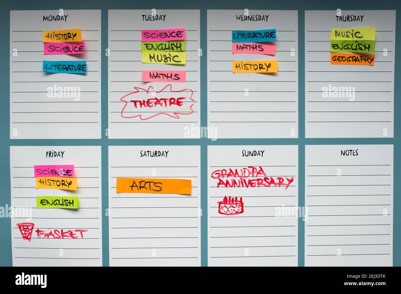 Weekly sholar planner with academic subjects and free time activities ...
