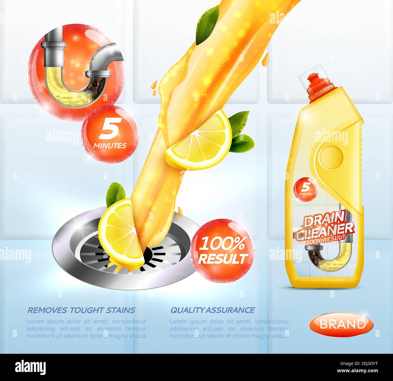 Drain cleaner ad poster including detergent with lemon, flushing of ...