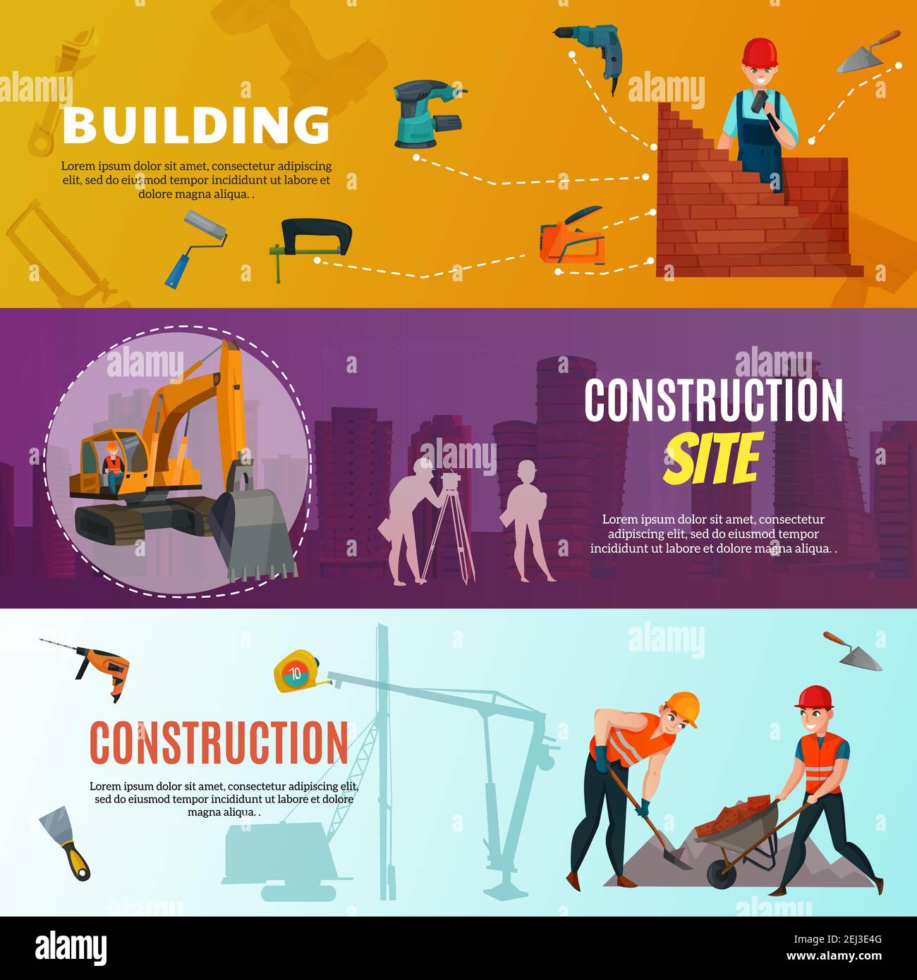 Set of horizontal banners with building site, construction workers with ...