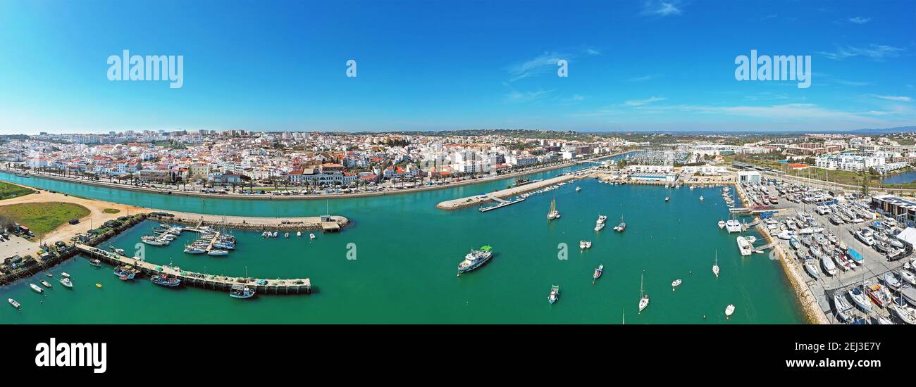 Aerial panorama from the harbor and city Lagos in the Algarve Portugal ...