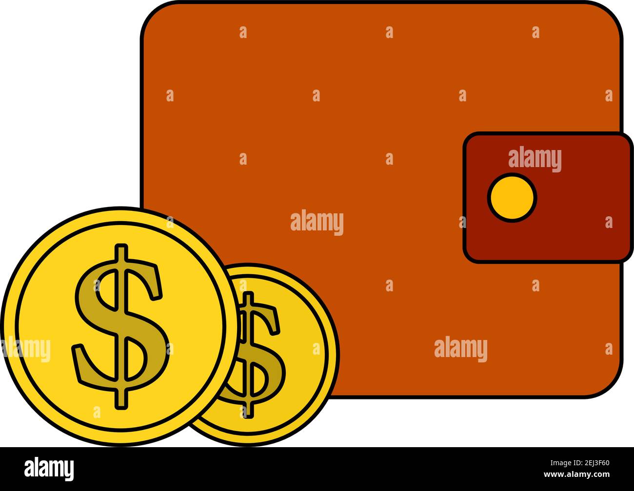 Two Golden Coins In Front Of Purse Icon. Editable Outline With Color ...