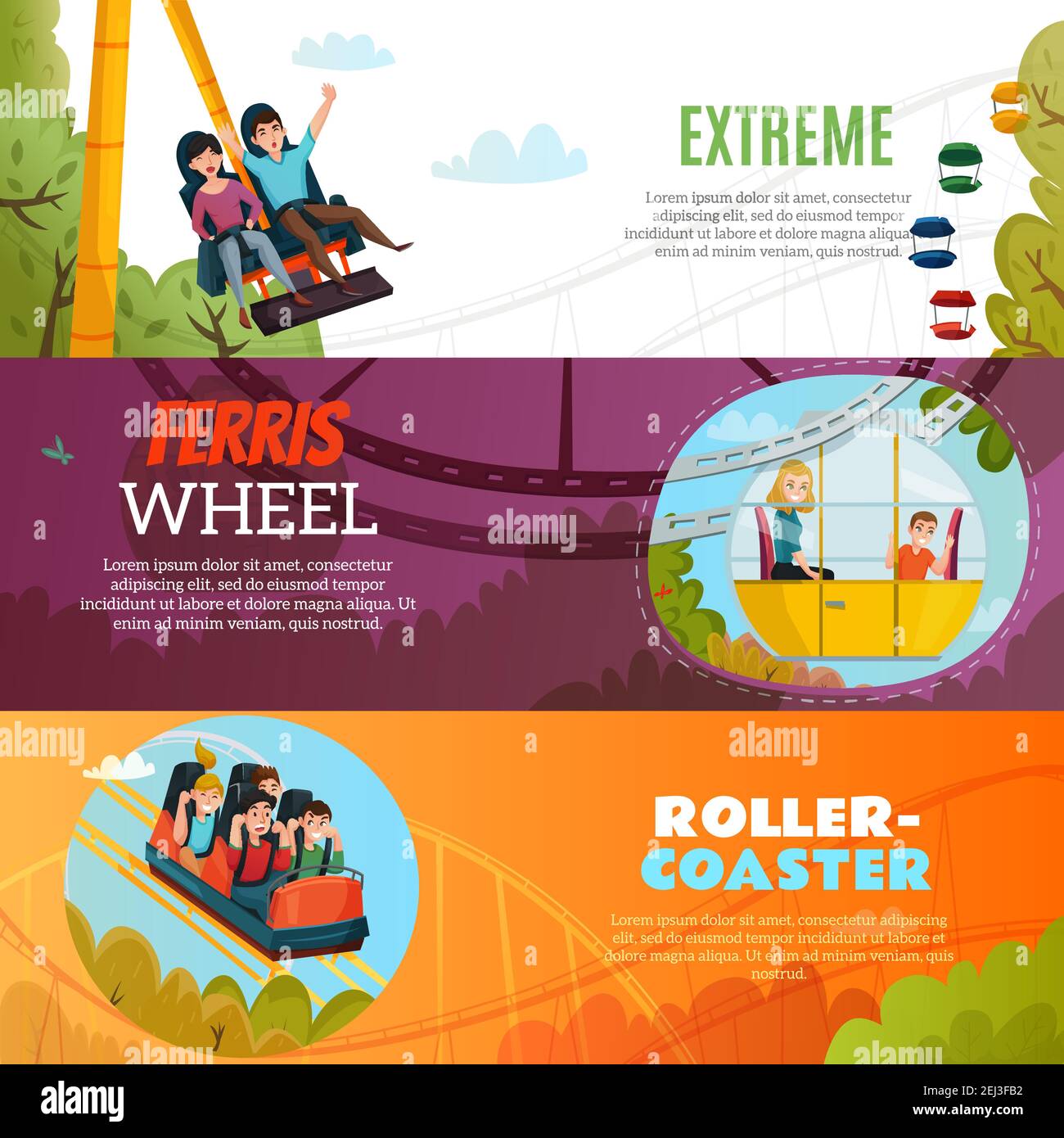 People in amusement park horizontal banners with ferris wheel roller ...