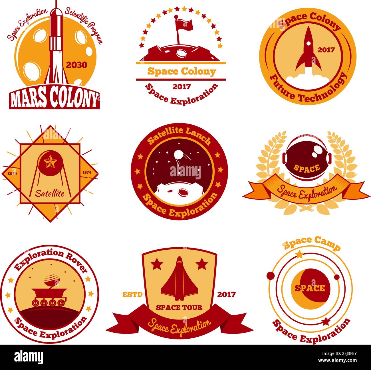 Space exploration emblems color set of isolated outer space adventure ...
