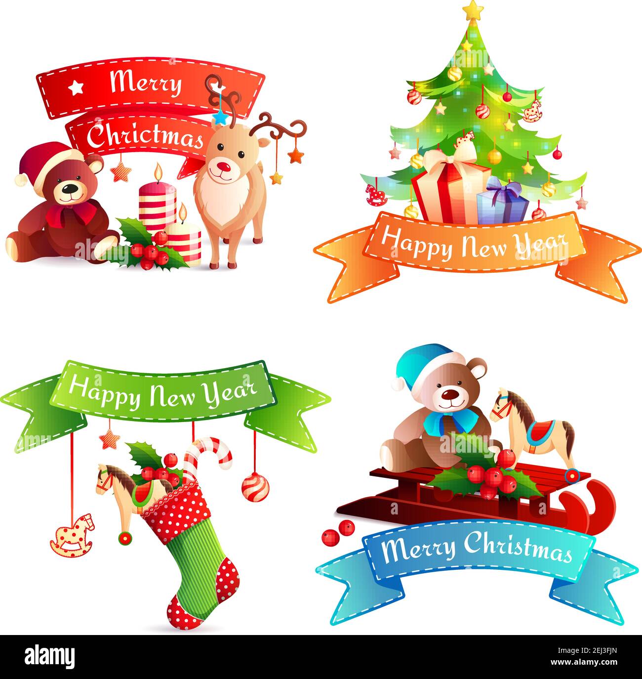 New year cartoon concept with greeting on stitched ribbon, christmas ...