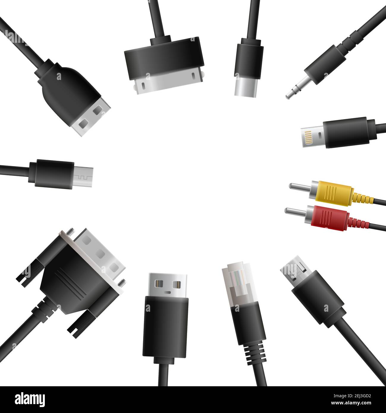 Realistic cable connectors background with round composition of ...