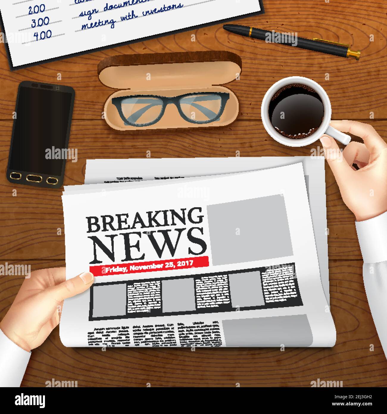 Realistic business newspaper with breaking news in male hands design ...