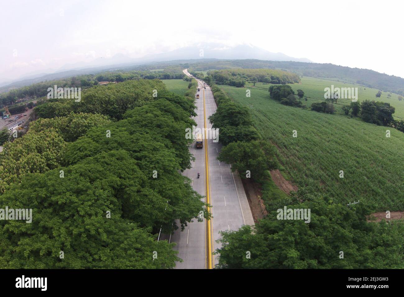 An aerial view of a road between trees Stock Photo - Alamy