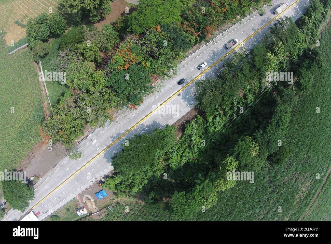 An aerial view of a road between trees Stock Photo - Alamy