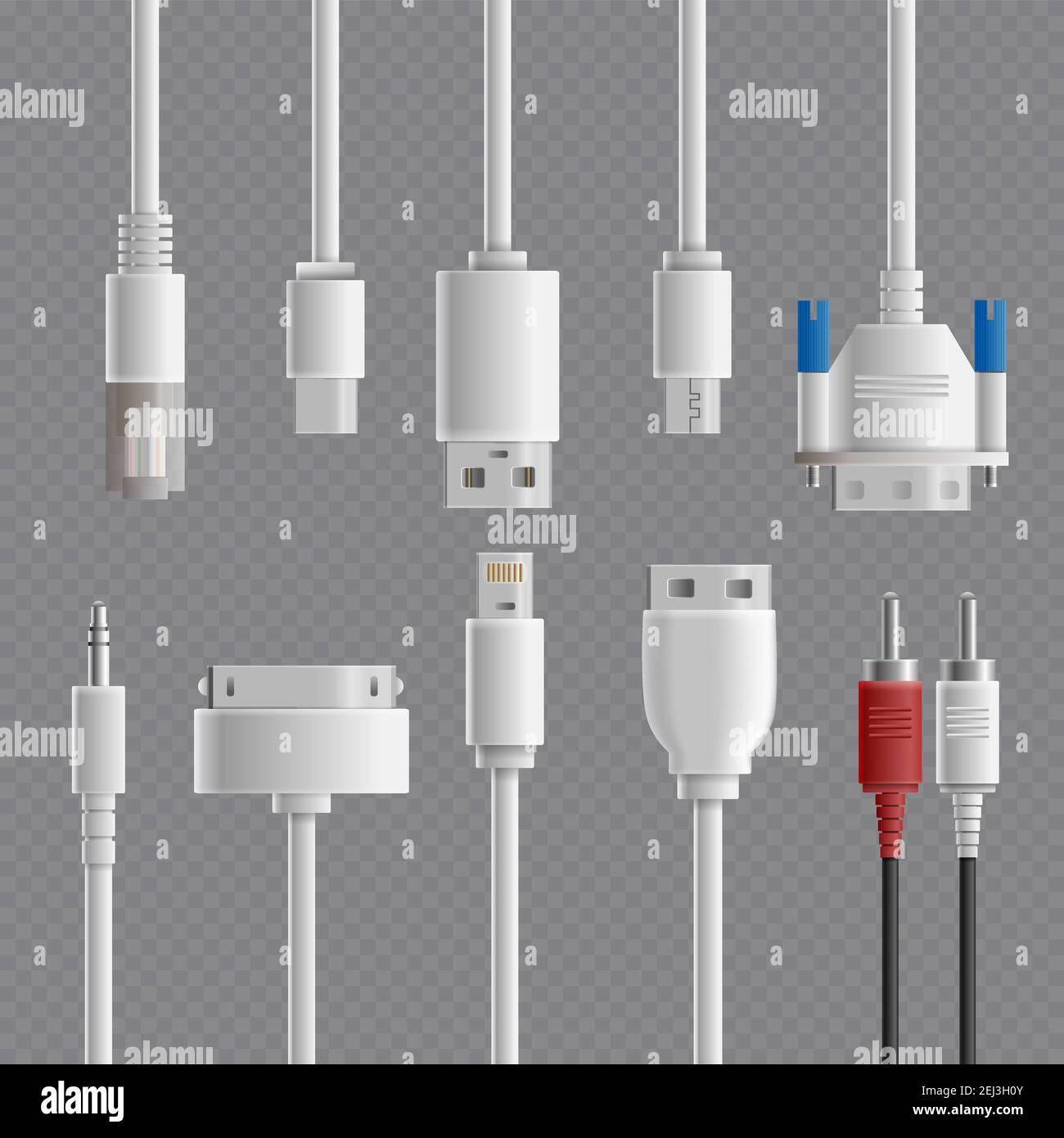 Realistic cable connectors types transparent set with images of ...