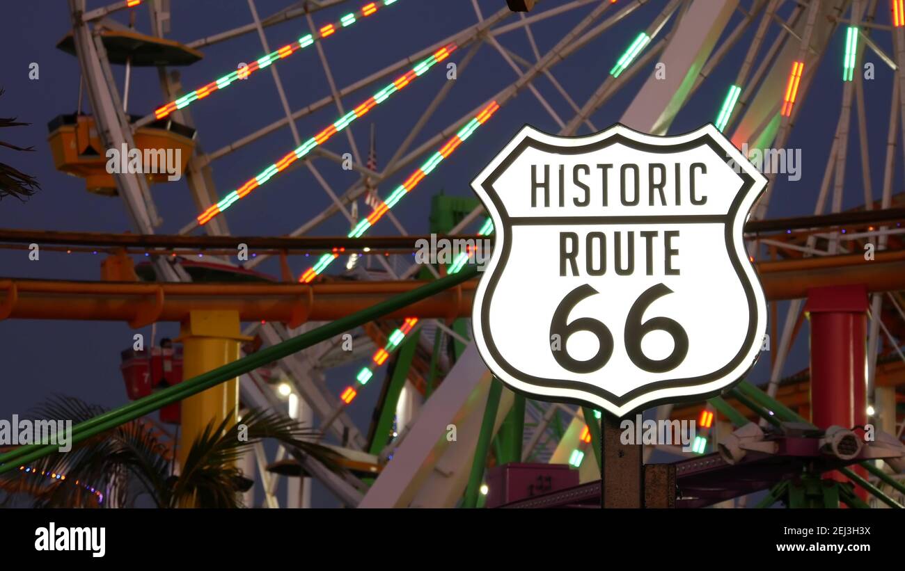 SANTA MONICA, LOS ANGELES, USA - 28 OCT 2019: Iconic road sign glowing ...