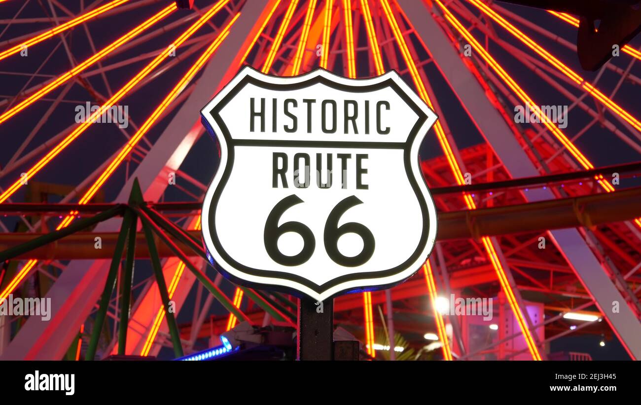 SANTA MONICA, LOS ANGELES, USA - 28 OCT 2019: Iconic road sign glowing ...