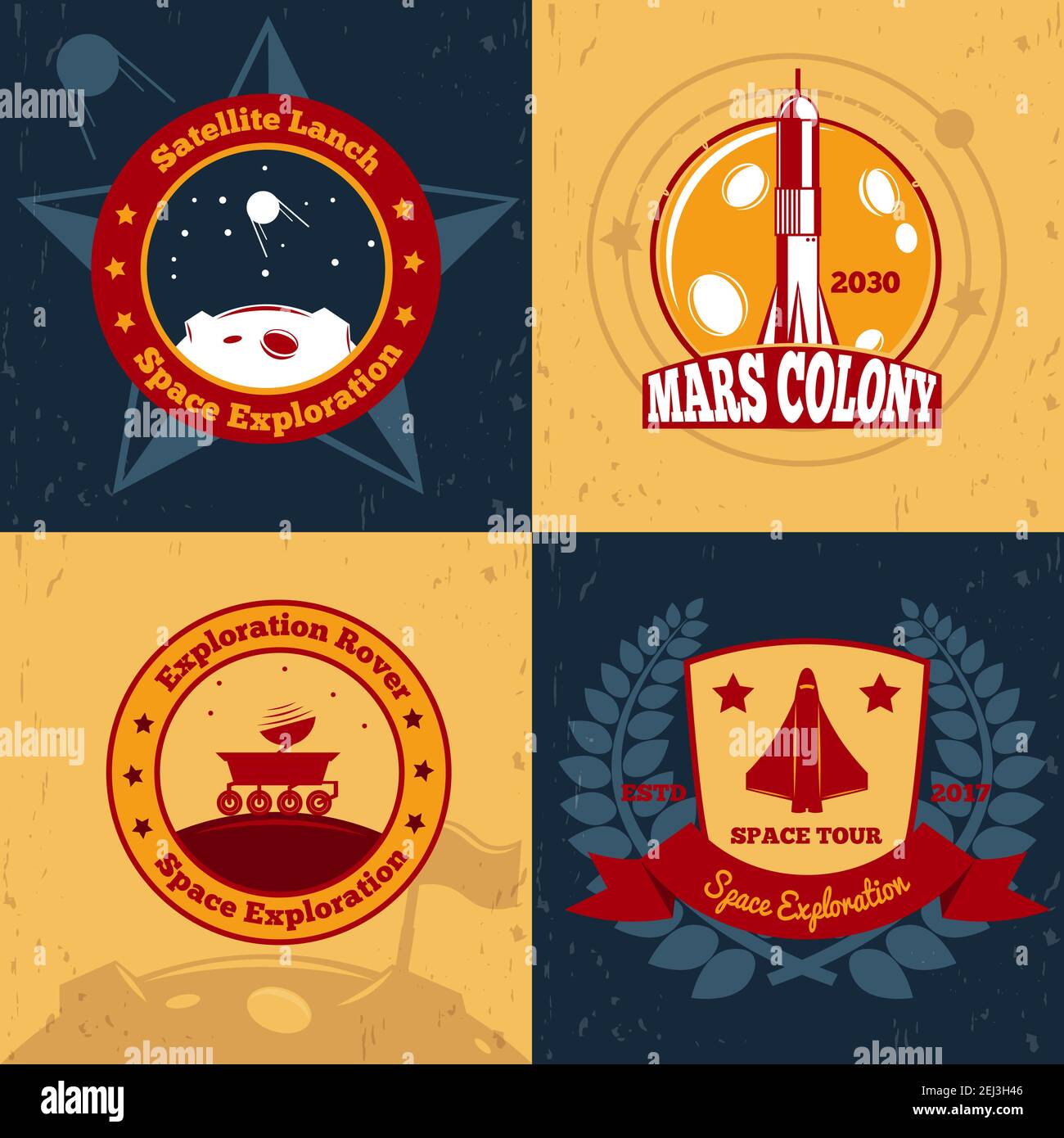 Space exploration emblems color 2x2 design concept with flat symbols ...