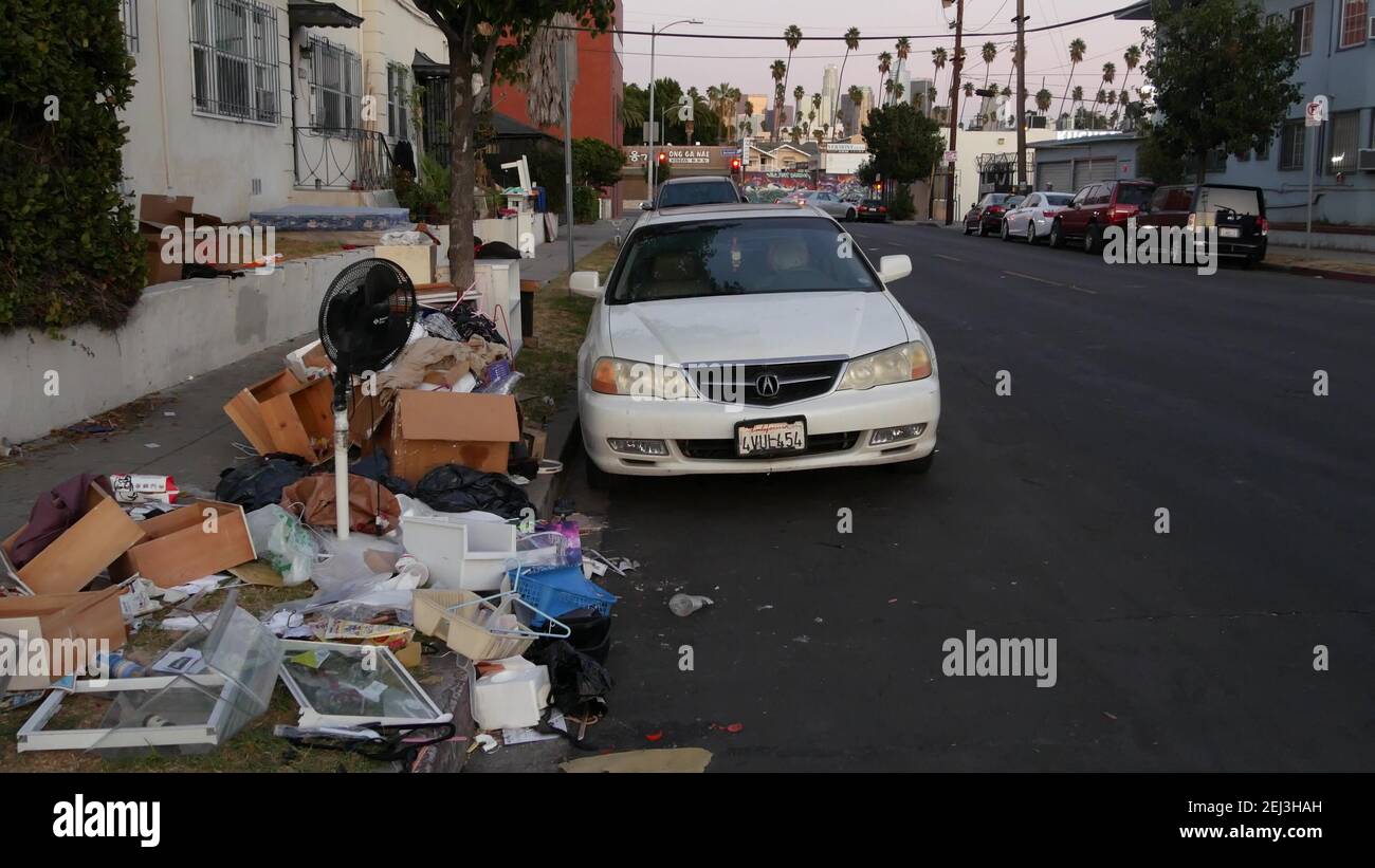 LOS ANGELES, CALIFORNIA, USA - 30 OCT 2019: Stack of waste on street ...