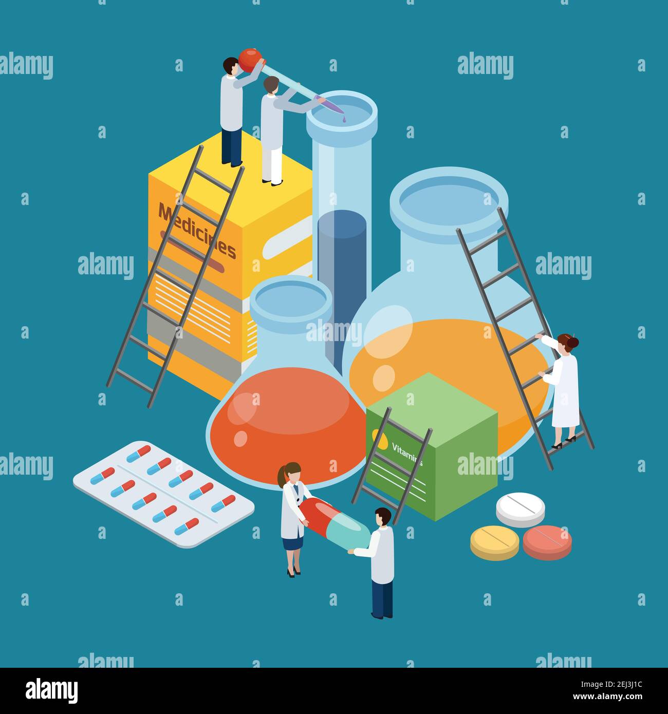 Pharmaceutical production symbolic isometric background poster with lab ...