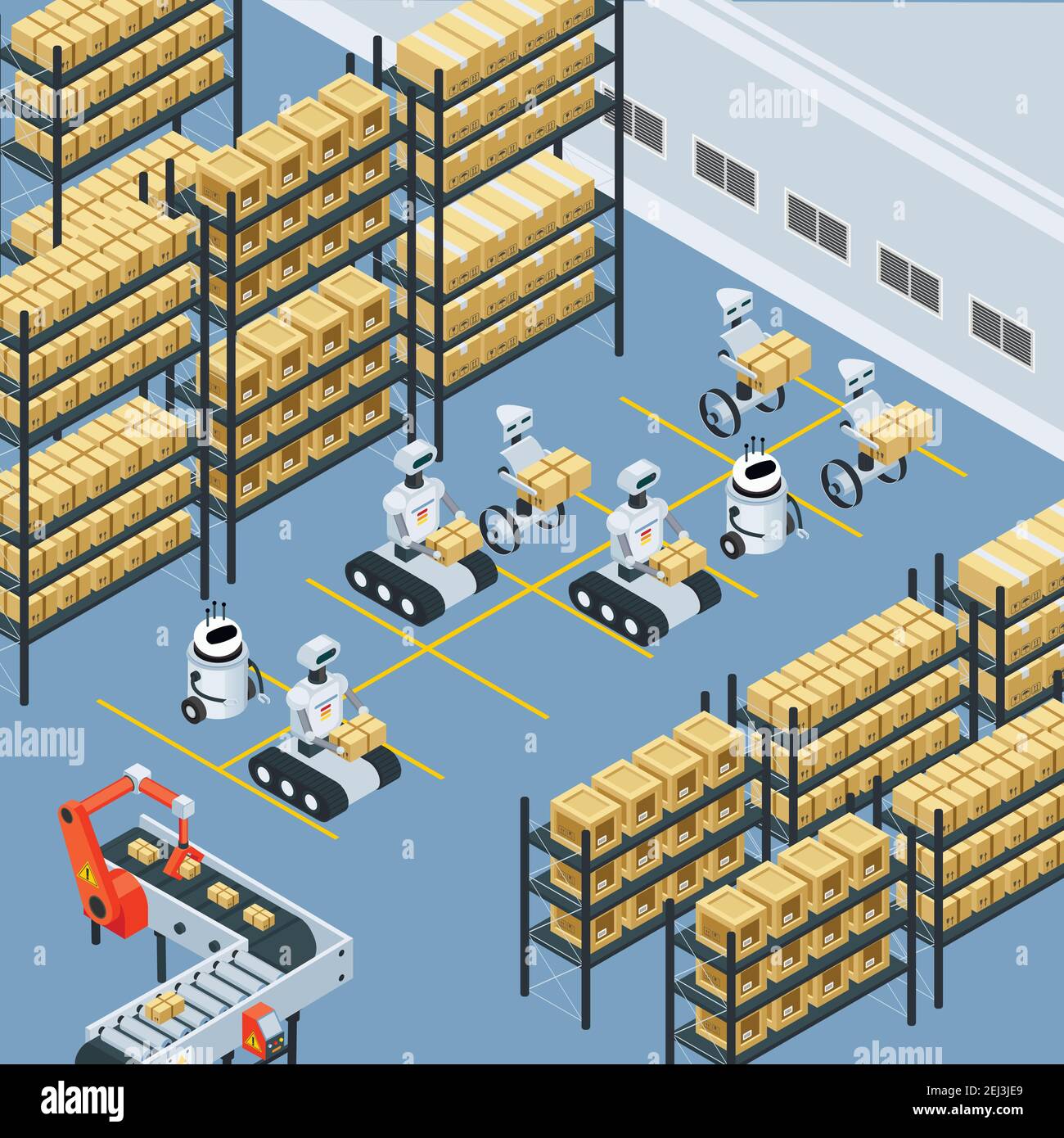 Automated logistics warehouse storage facility isometric composition with unmanned robots ...