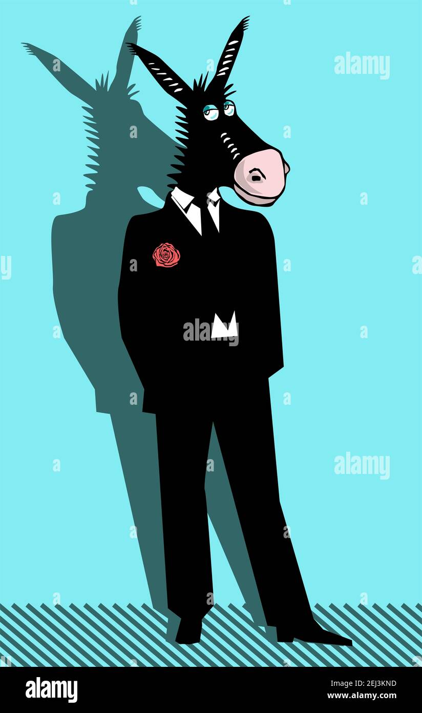 Cartoon illustration of funny donkey dressed up in black suit Stock ...