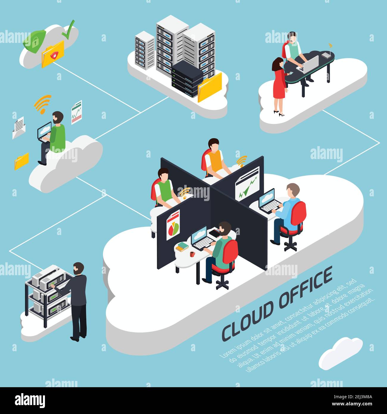 Cloud office isometric background with data protection and security ...