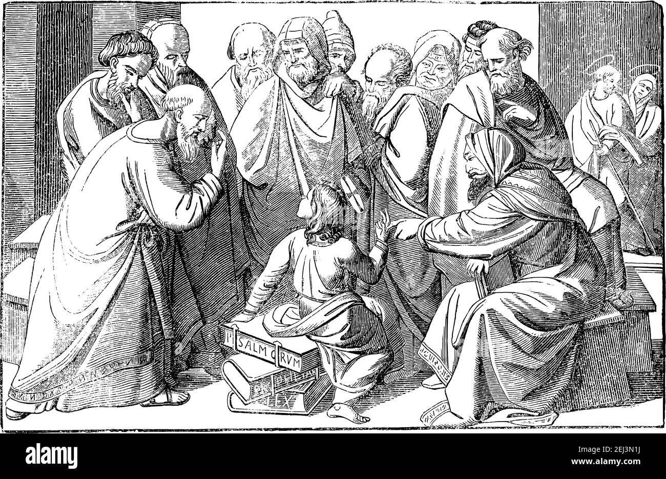 Boy Jesus talking with teachers in Jerusalem temple. Bible, New ...