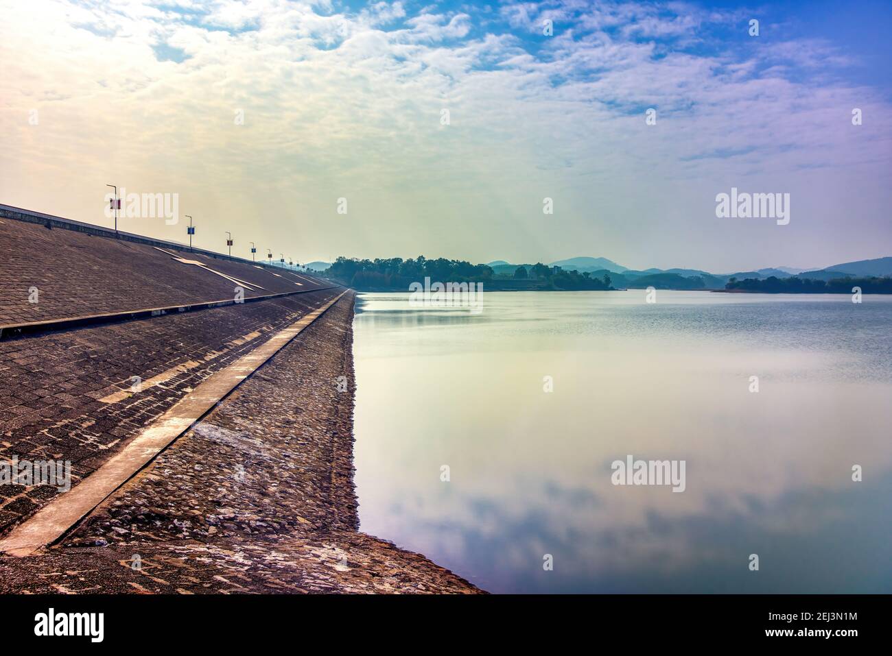 Reservoirs, lakes and distant mountains formed by dam barriers Stock ...