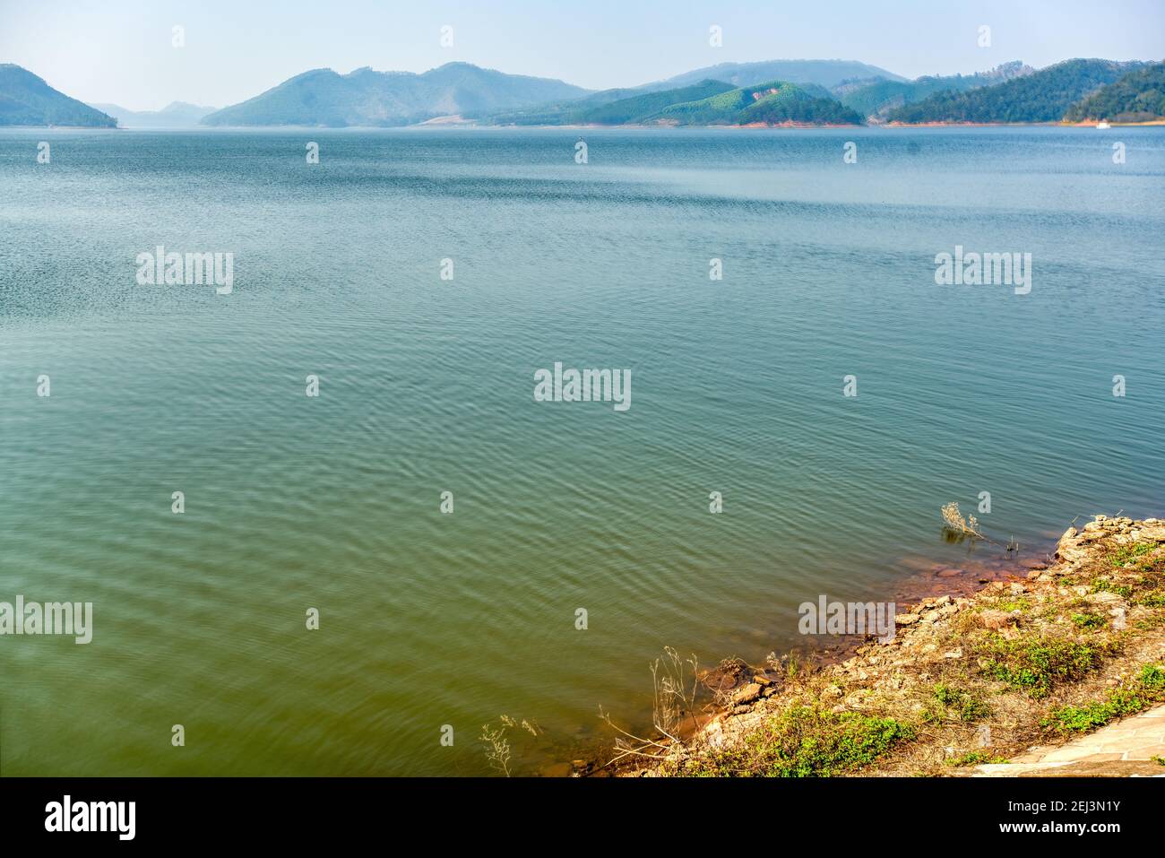 Reservoirs, lakes and distant mountains formed by dam barriers Stock ...