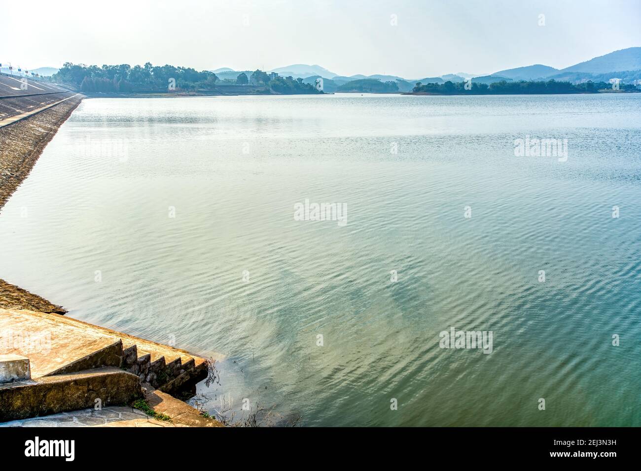 Reservoirs, lakes and distant mountains formed by dam barriers Stock ...