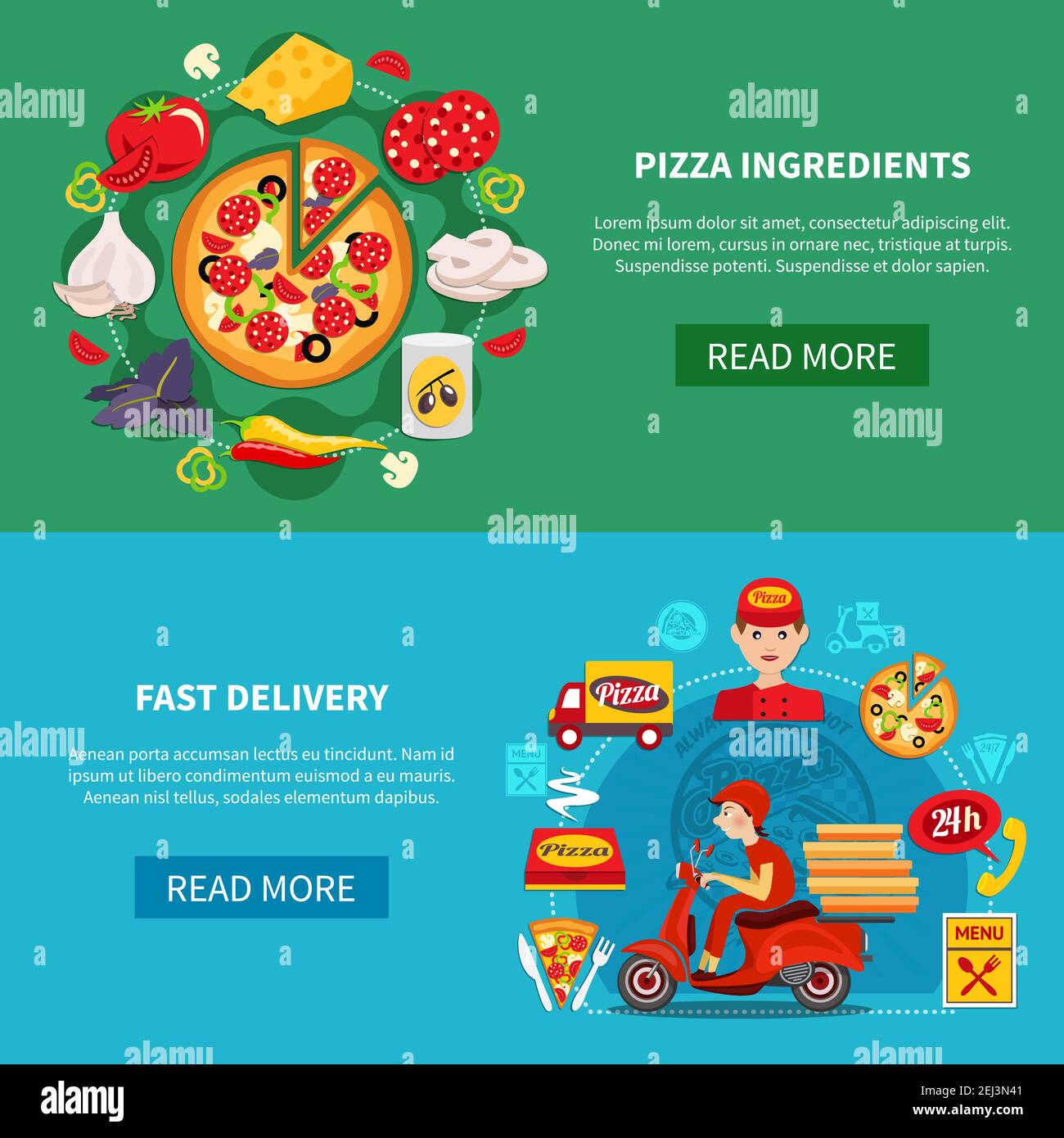 Pizza horizontal banners set with round compositions of flat pizzeria ...