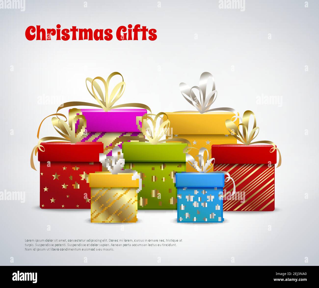 Christmas gifts design set of colorful boxes tied with golden ribbons ...