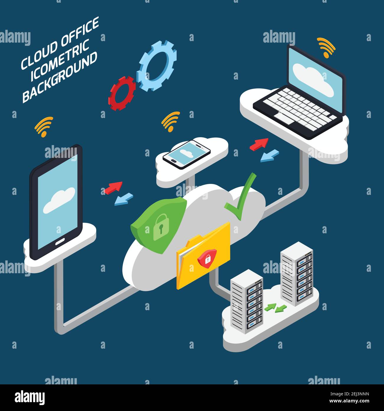 Cloud office and technology isometric background with database symbols ...