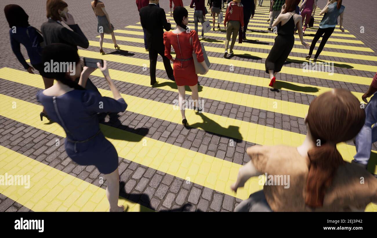 Yellow zebra pedestrian Modern closeup Crowd of people 3d render Stock ...