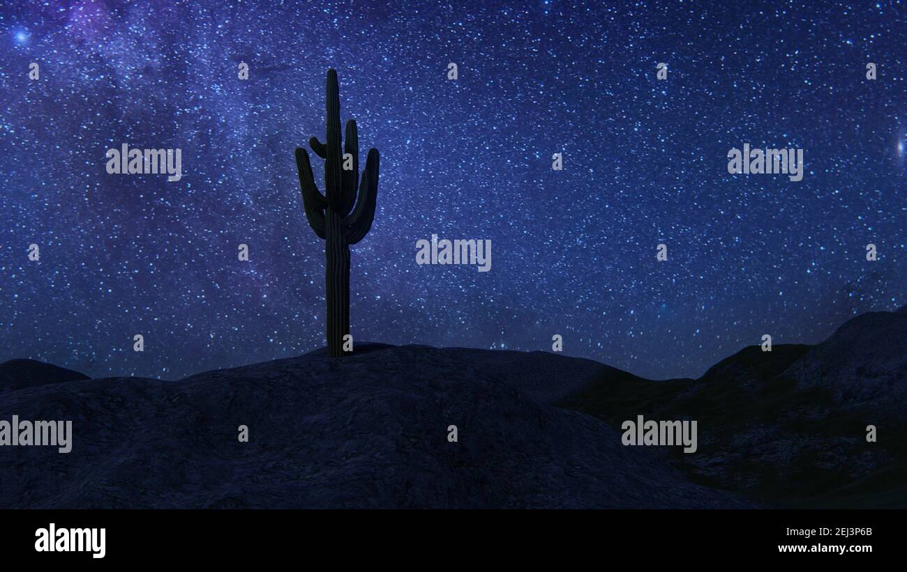 Cactus night Beautiful desert landscape glorious view. 3d render Stock ...