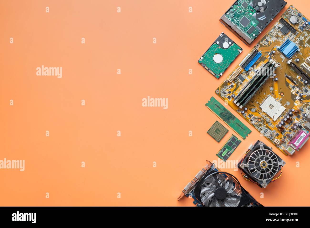 a view from above flat lay of computer components details on the ...