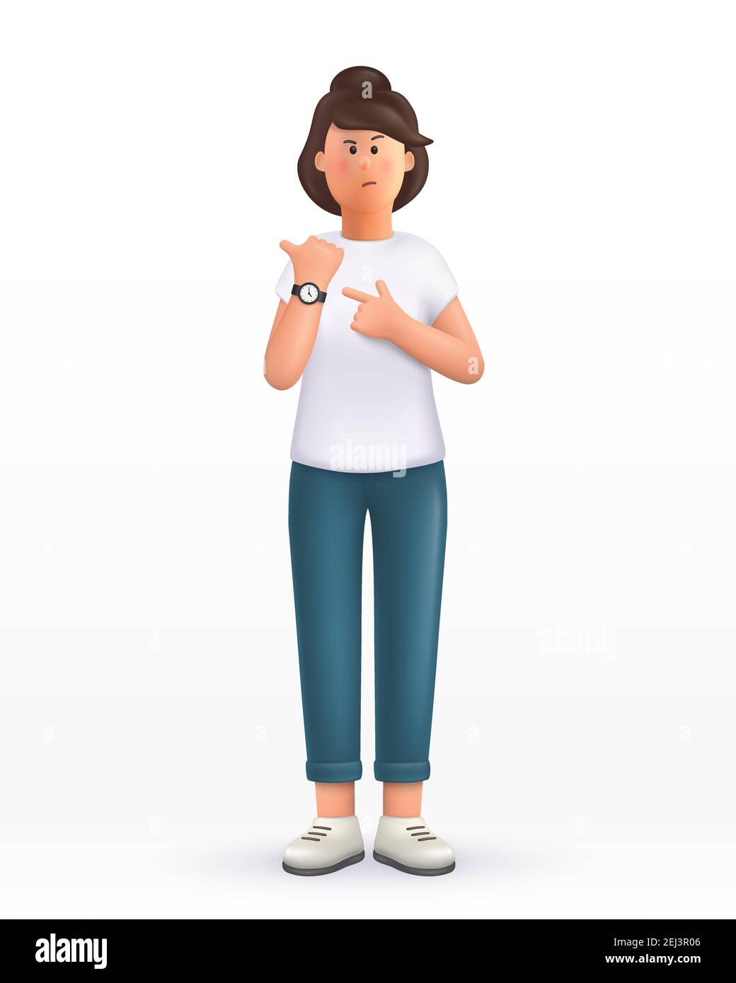 3D cartoon character. Young woman in hurry pointing to watch time,shows ...