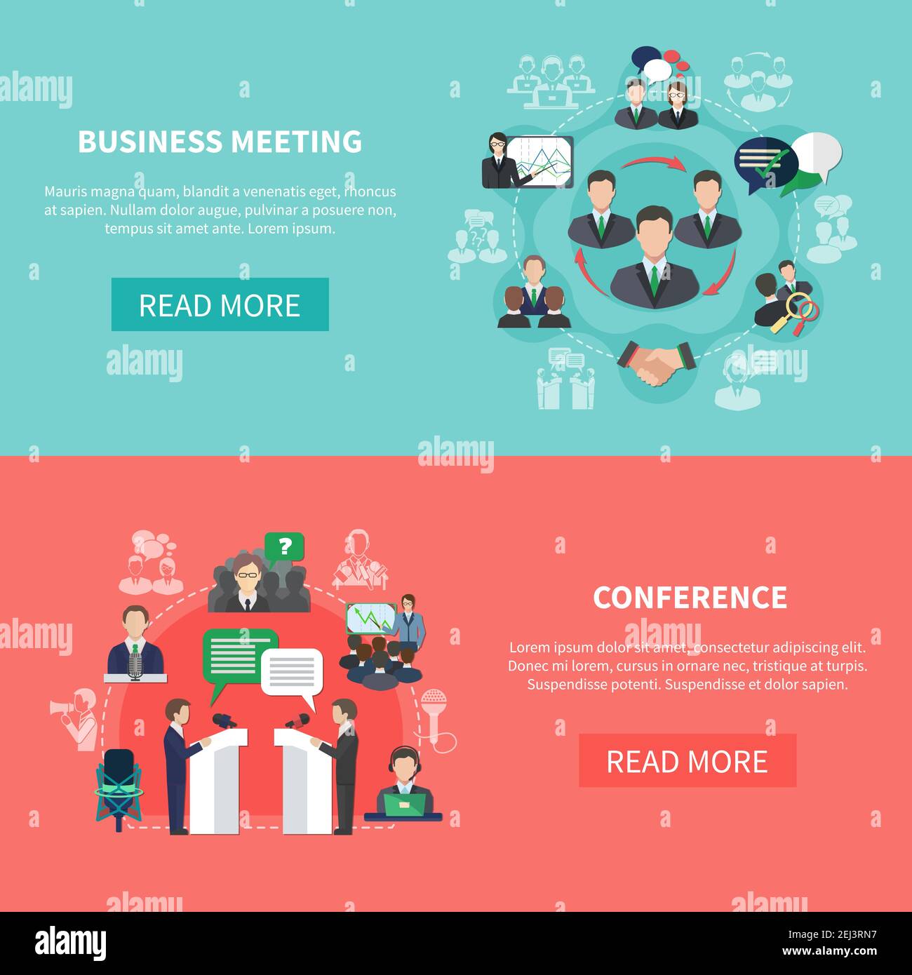Business meeting banners with round compositions of flat social images ...
