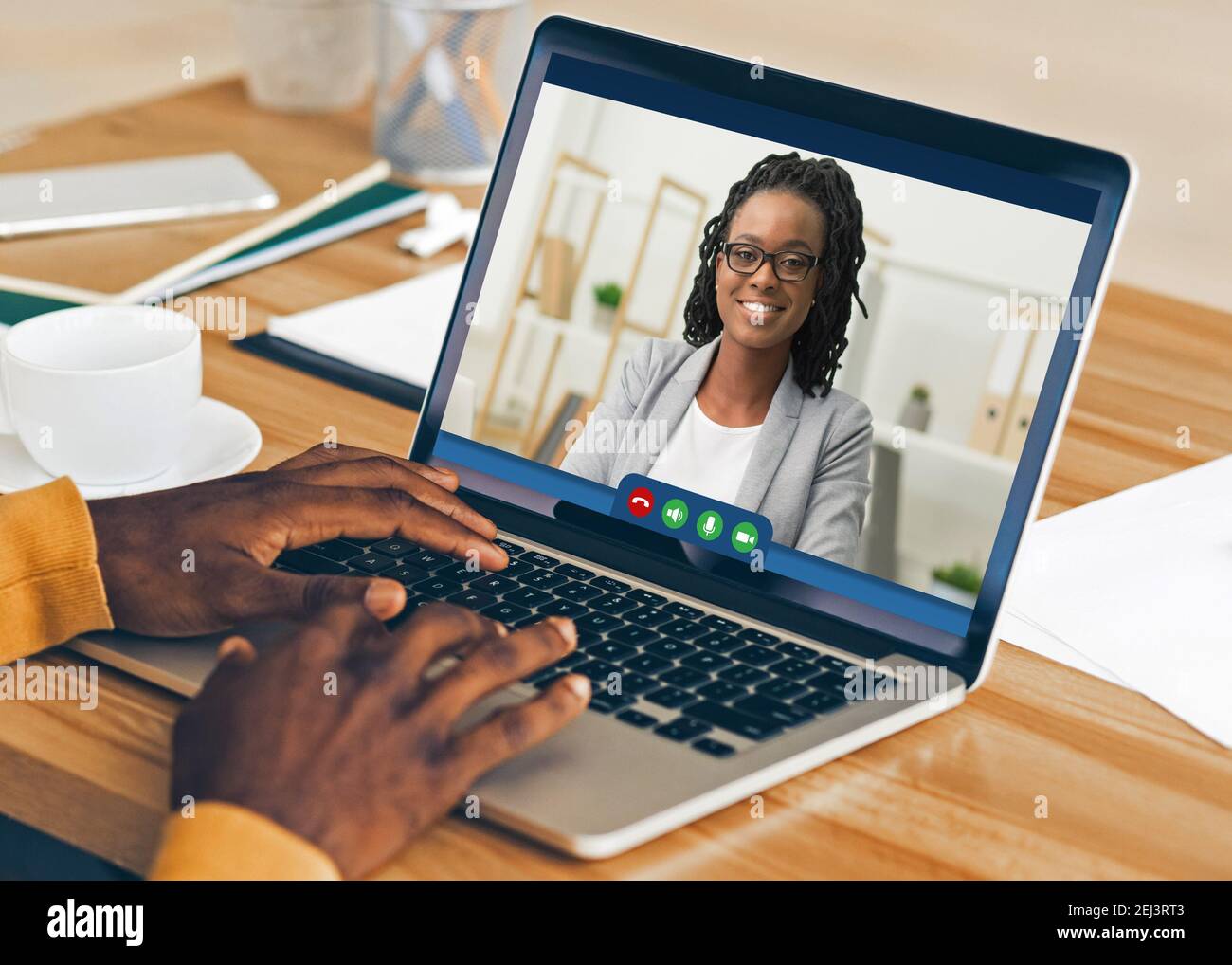 Remote Business Communication. Black Businessman Talking With Colleague ...