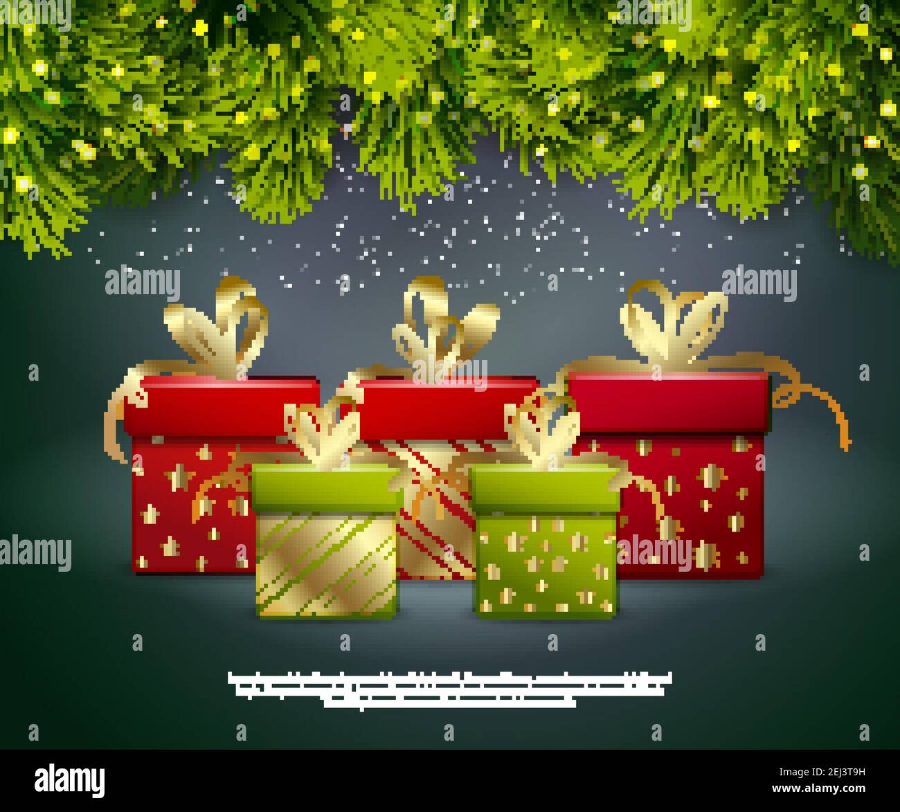 Christmas gifts poster with red and green boxes spruce twigs and lights ...